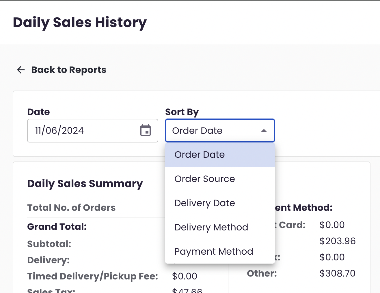 Daily Sales History Report
