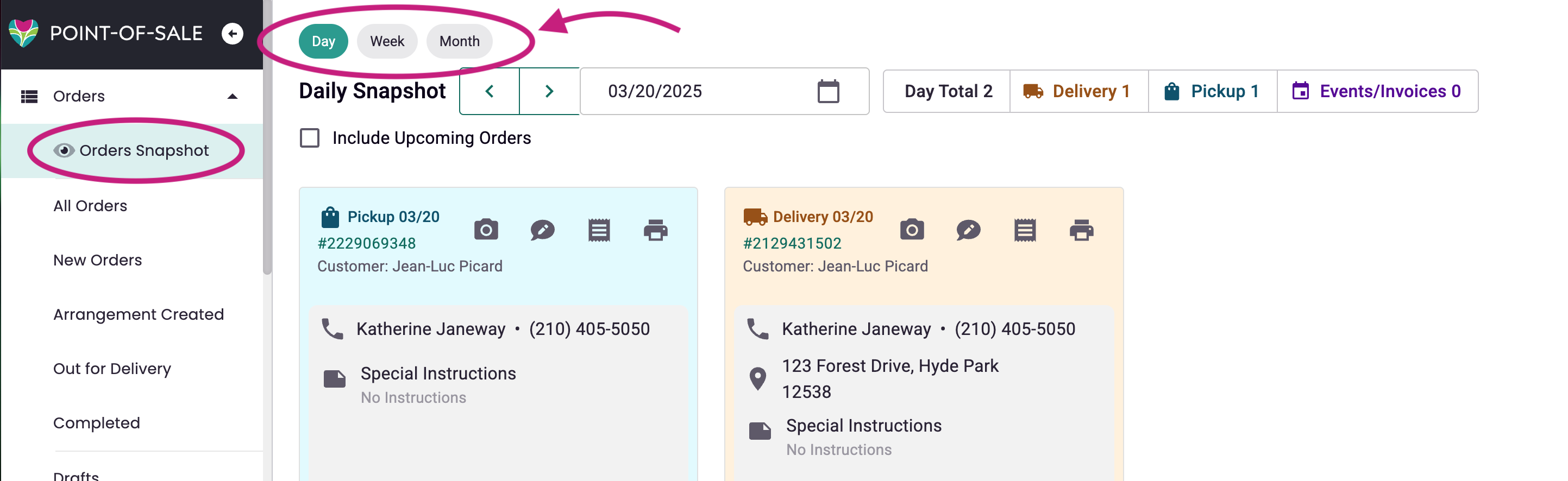 Orders Snapshot View